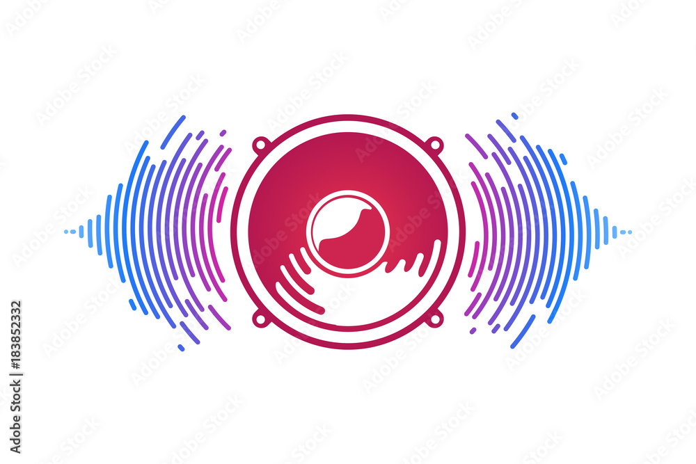 Red speaker and sound waves isolated vector illustration. Logo of vox ...