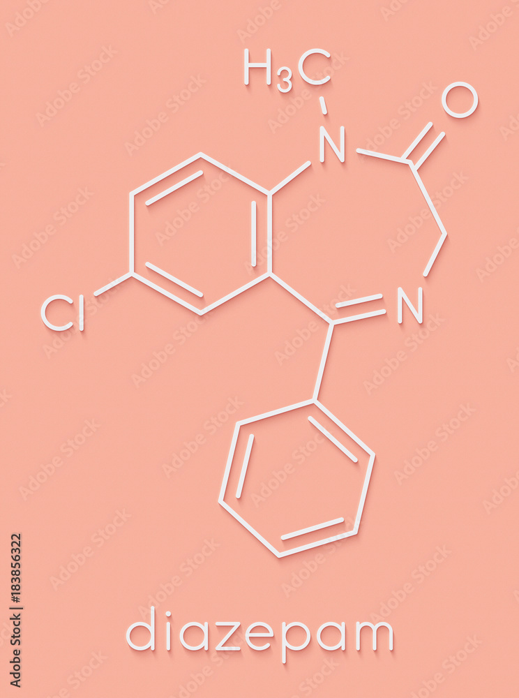 Diazepam sedative and hypnotic drug (benzodiazepine class) molecule ...