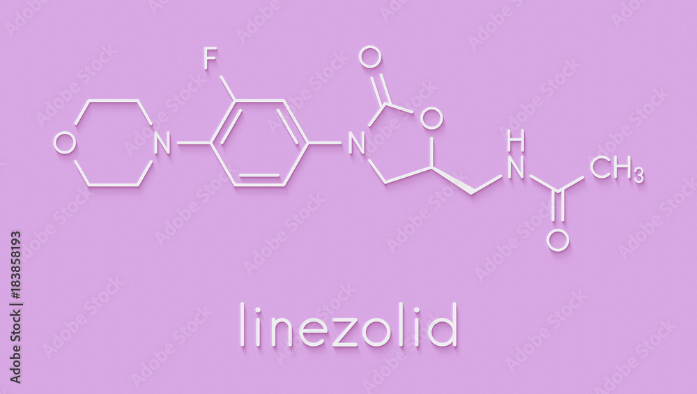 Linezolid antibiotic drug (oxazolidinone class) molecule. Skeletal ...