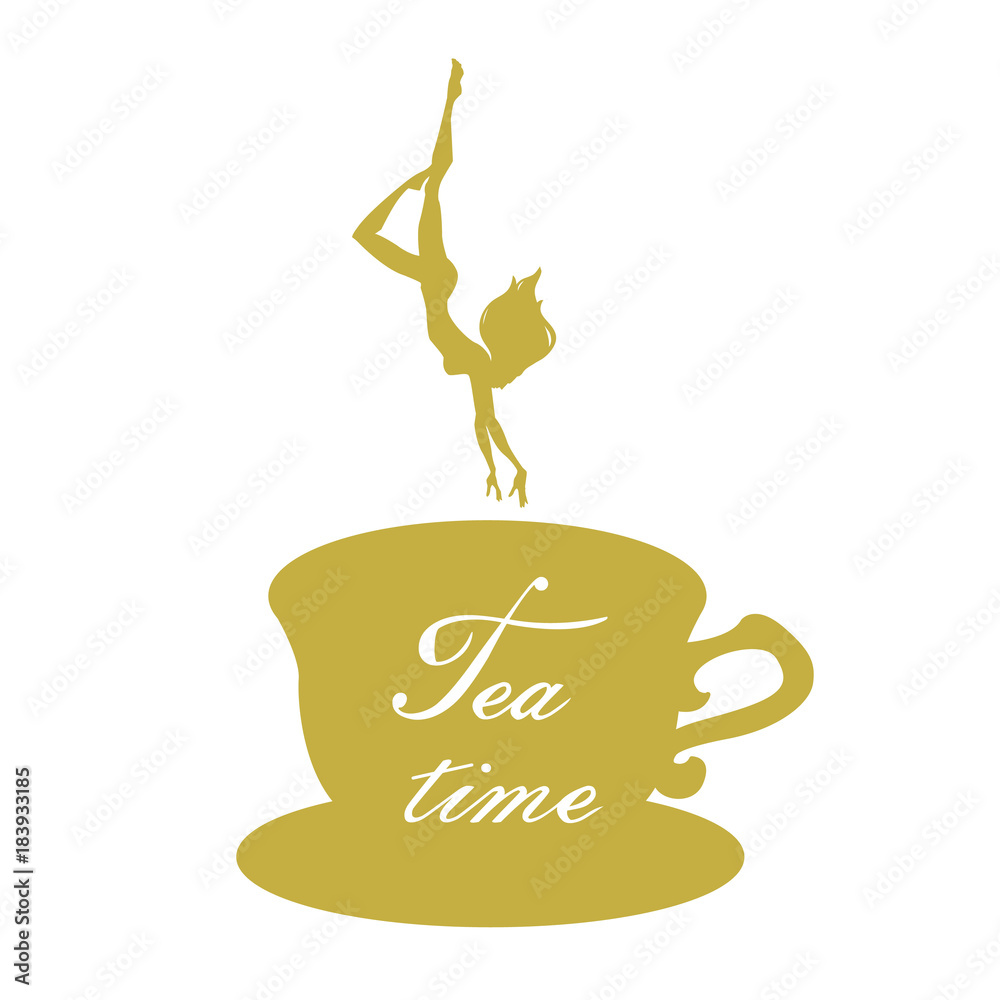 Silhouettes of girl diving into cup of tea. Girl Dives Into Tea. Vector ...