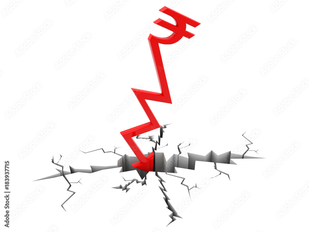 Red Indian Rupee Symbol Down to Ground, Falling red arrow with symbol ...