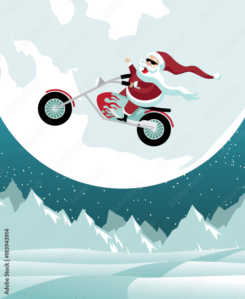 Cartoon Santa Claus riding a motorcycle in front of the full moon ...
