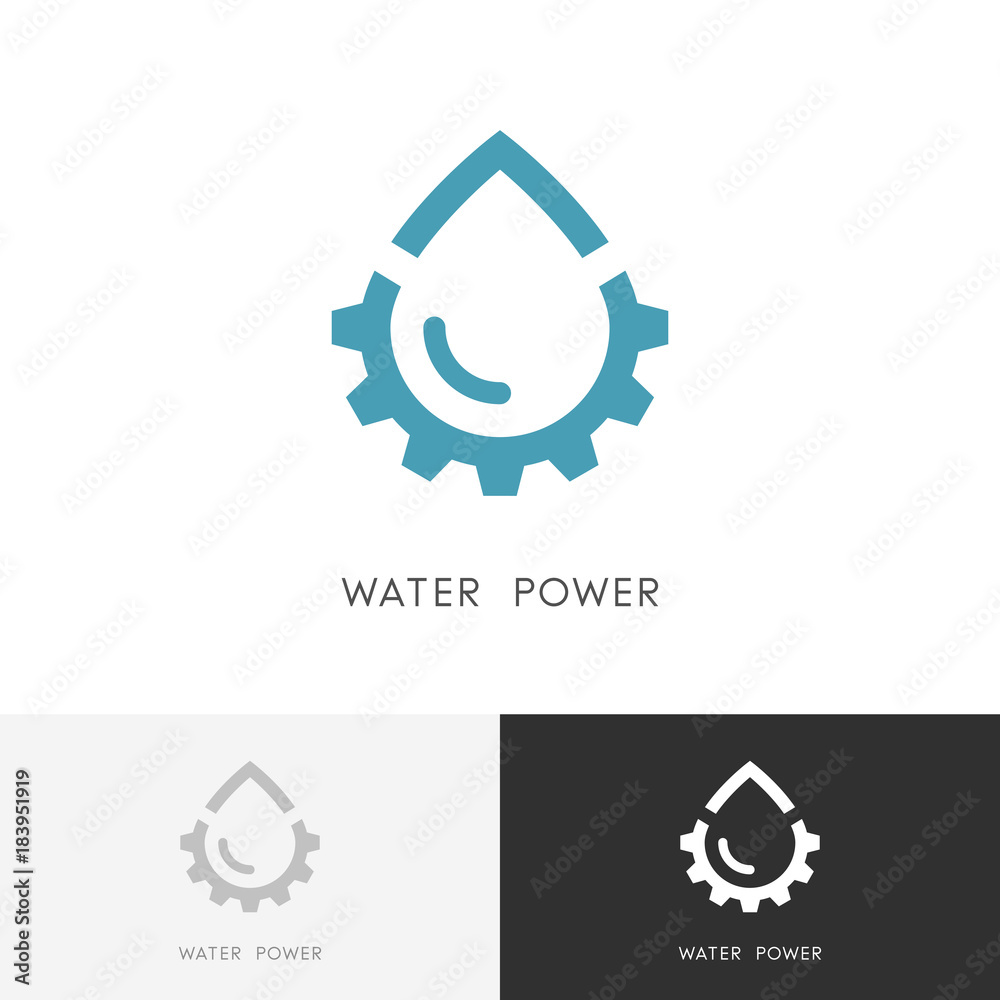 Water power logo - drop of water and gear wheel or pinion symbol ...