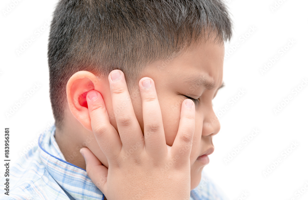 Obese fat boy touching his painful ear isolated Stock Photo | Adobe Stock