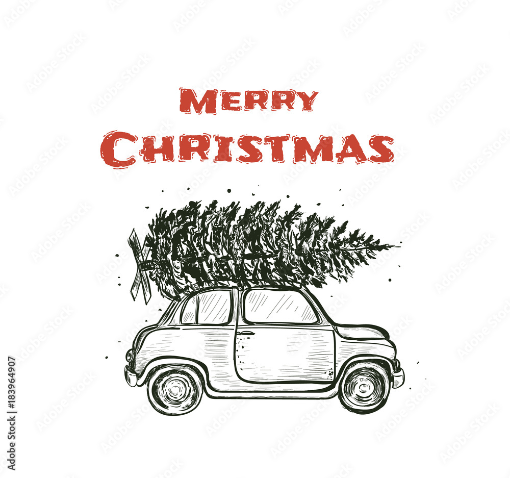 Merry Christmas vintage postcard style. Hand drawing a car with a ...