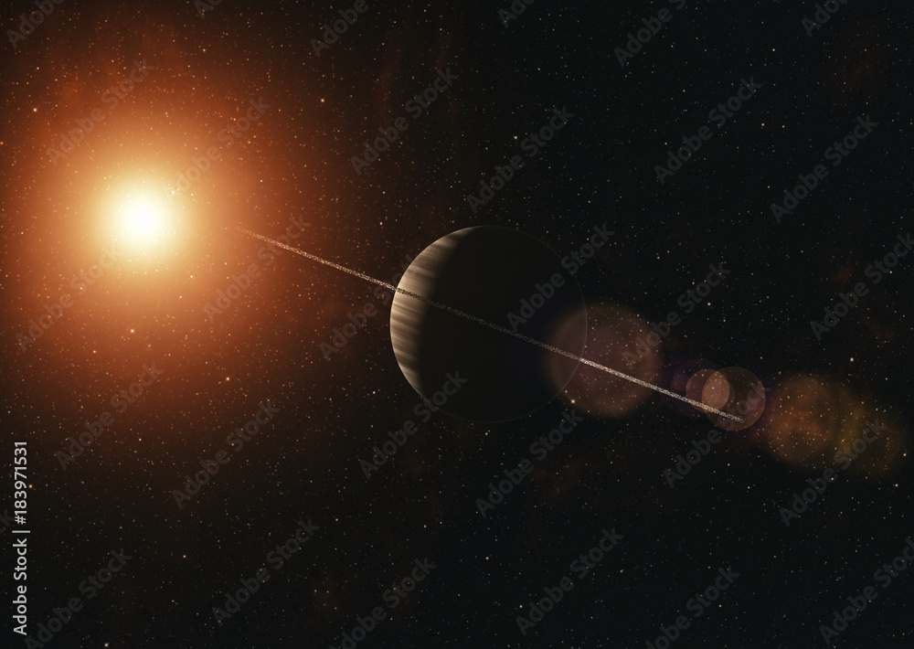 Large gas planet with ring system of ice particles orbiting red giant ...