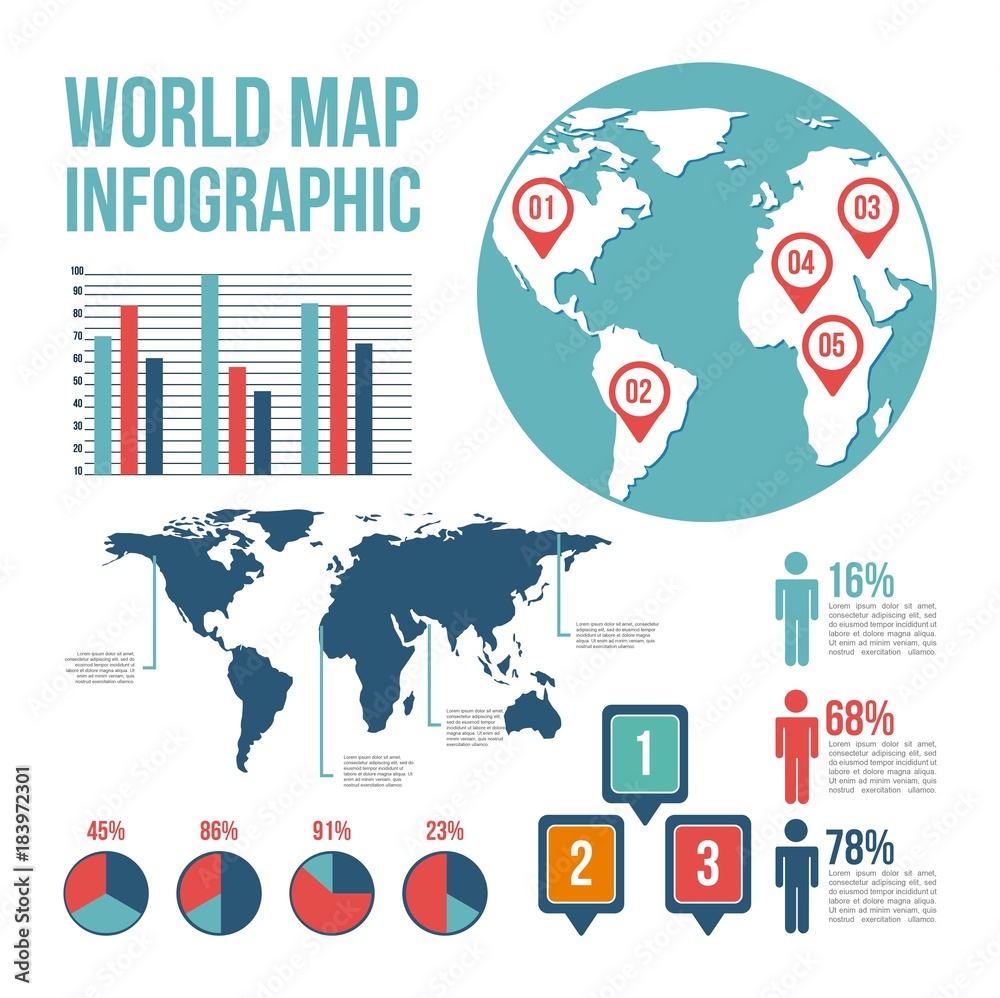 world map pointer differents country infographic chart people vector ...