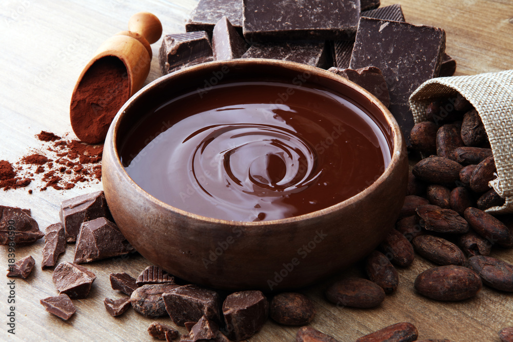 Melting chocolate or melted chocolate and chocolate swirl, stack, chips ...