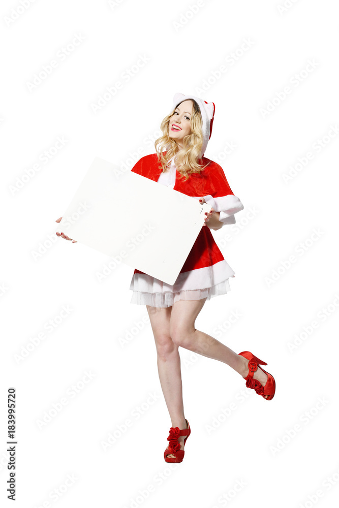Blondes Lächelndes Girl Im Roten Weihnachtsoutfit Mit Kurzem Rock