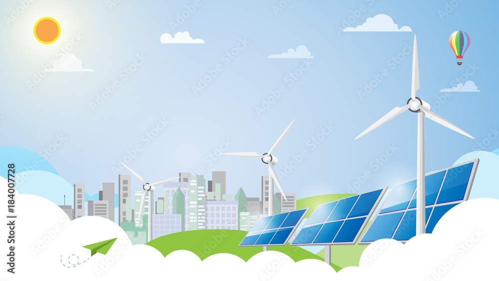 Eco and nature landscape concept template.Renewable energy for green ...