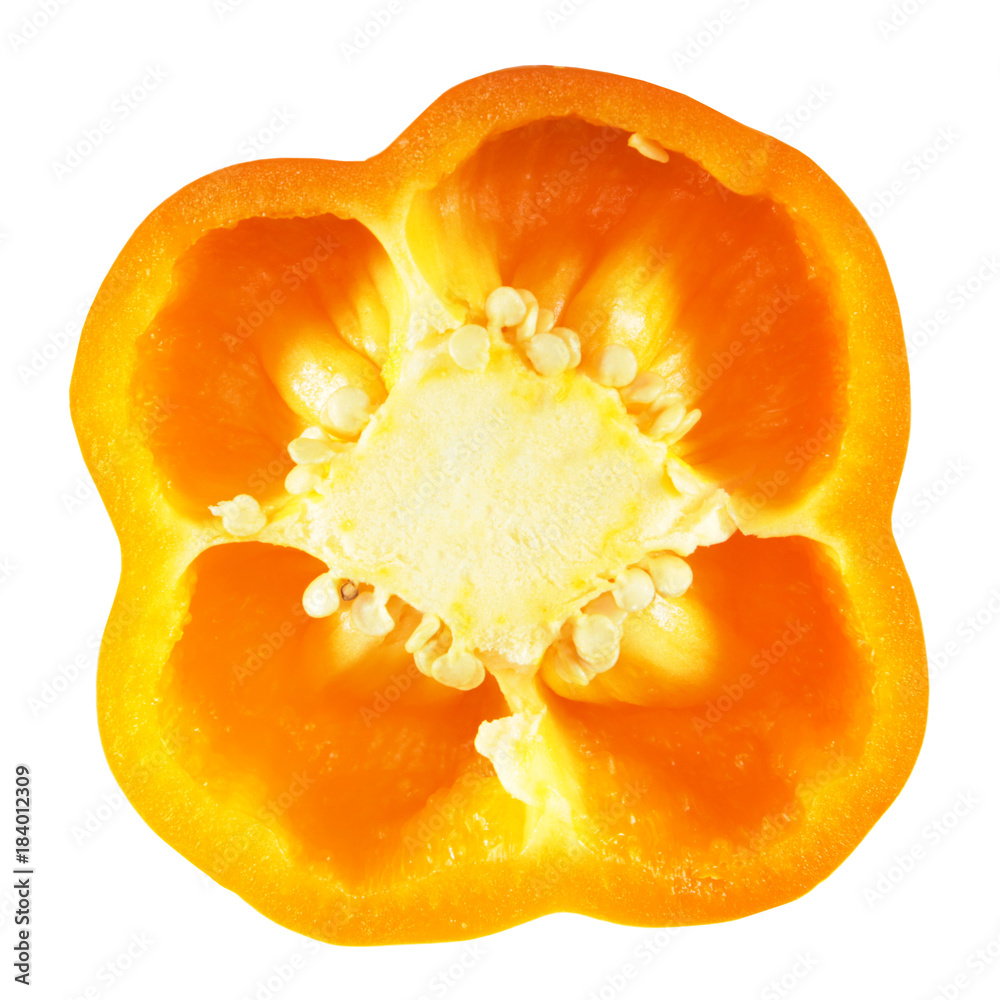 Orange sweet pepper cut in half inside cross section isolated on white ...