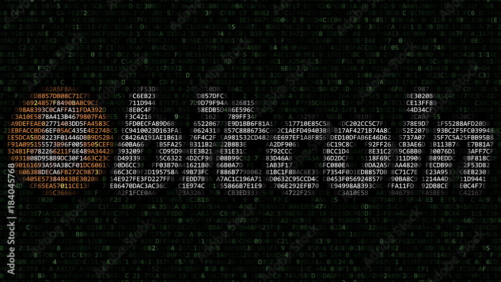Bitcoin logo made of flashing hexadecimal symbols on computer screen ...