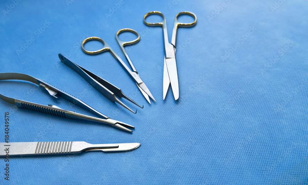 Basic surgical instruments on the sterilized blue wrap Stock Photo ...