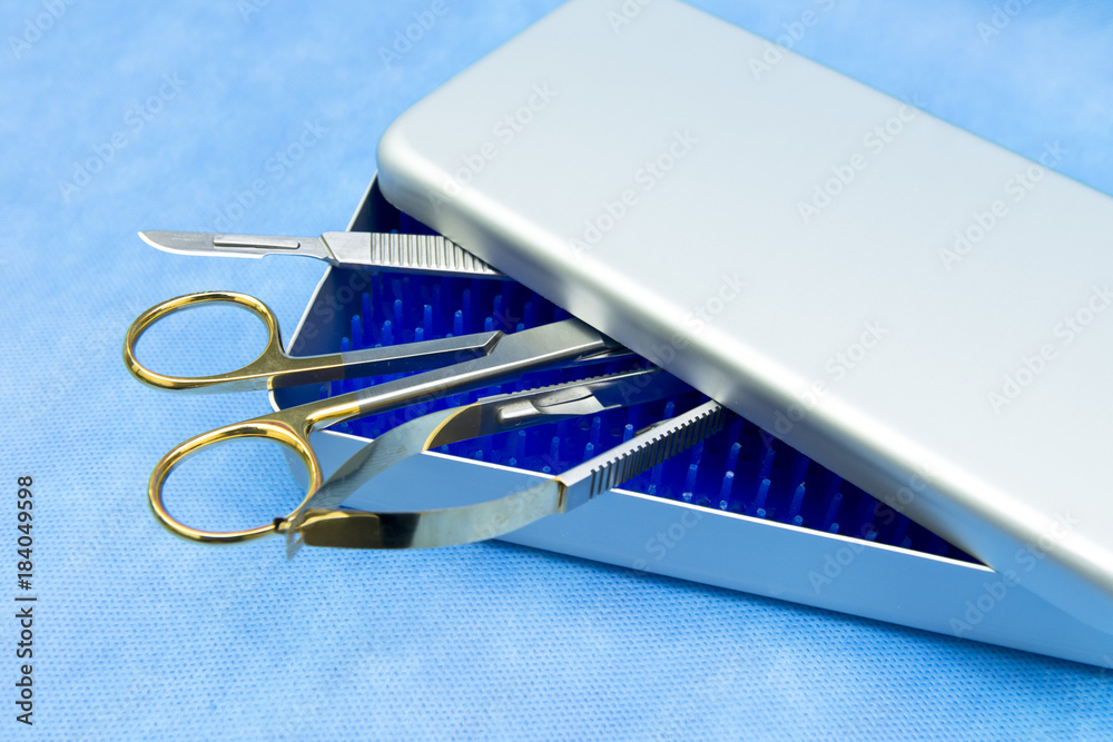 tungsten, tray, needles, fine, wrap, sharp, scalpels, surgeon ...