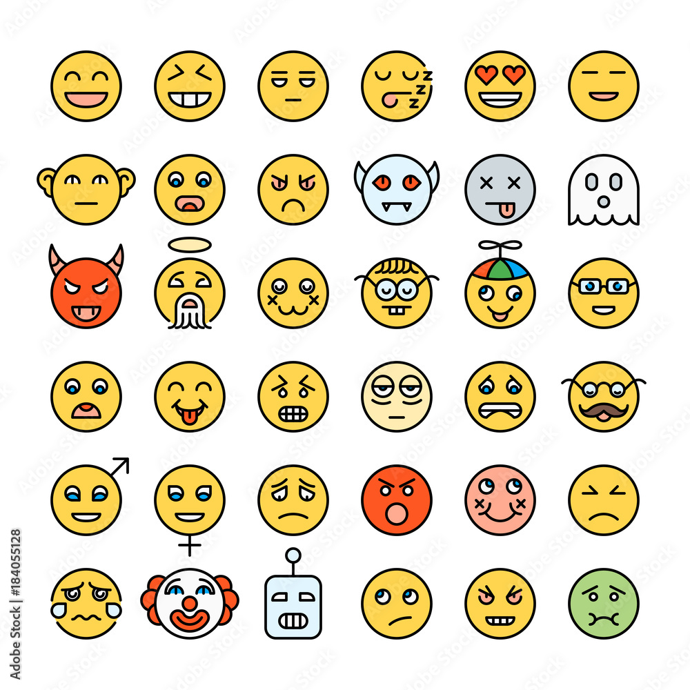 Set of detailed yellow color emoji. Modern style smileys. Different ...