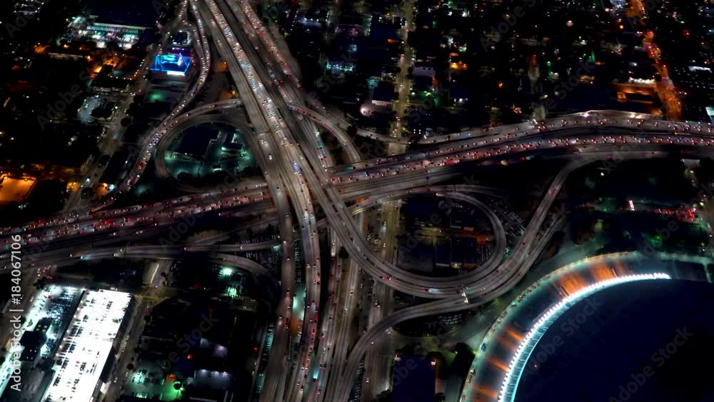 Aerial view of the 110 and 10 highway intersection in Downtown Los ...