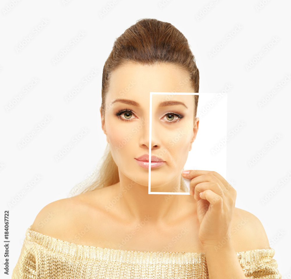 Aging. Mature woman-young woman.Face with skin problem.Showing photos ...