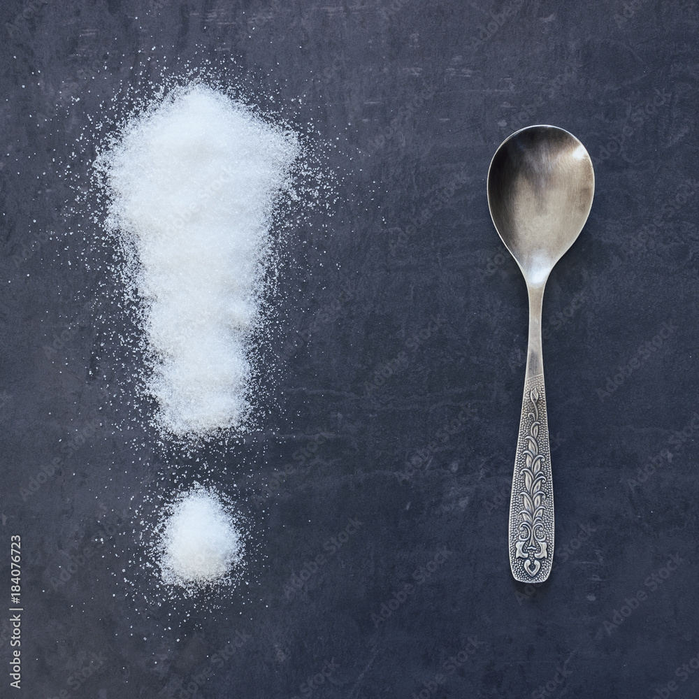 Exclamation mark made from sugar. Concept - danger of abuse of sugar ...