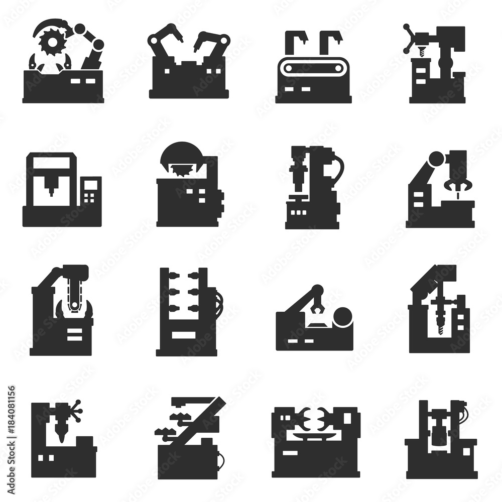 Production machines. Monochrome icons set. Machinery for production ...