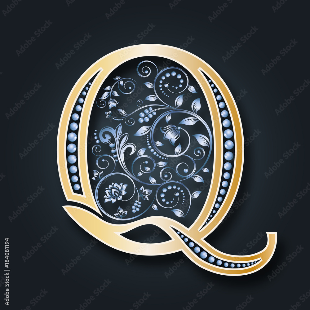 Vector letter Q. Golden alphabet on a dark background. A graceful ...