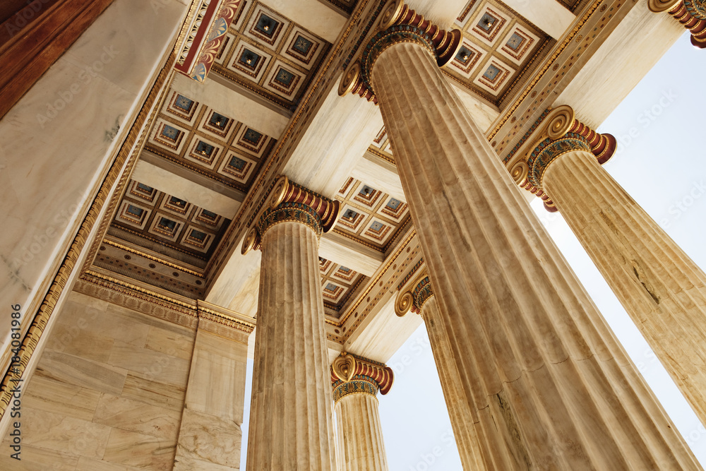 Detail of ceiling and marble columns of Academy of Athens in Athens ...