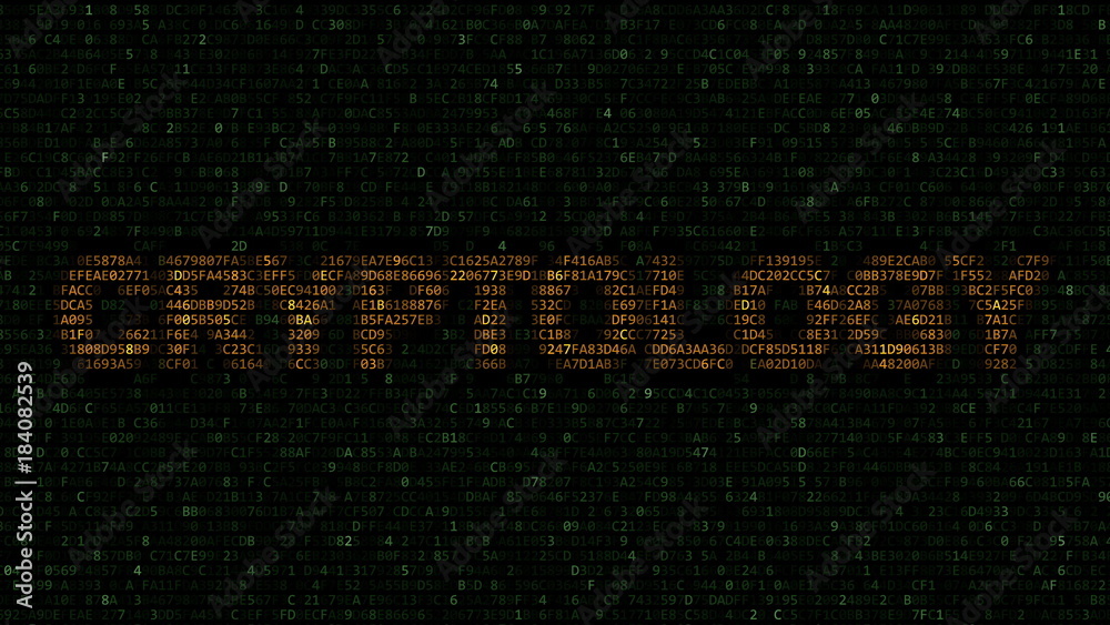 CRYPTOLOGY word made of hexadecimal symbols on computer screen. 3D ...
