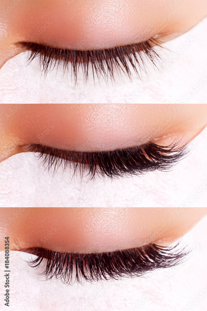 Eyelash Extension Procedure. Comparison of female eyes before and after ...