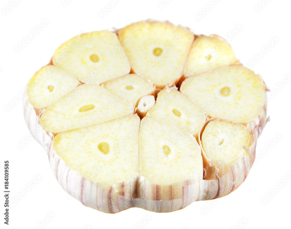 Garlic bulb cut in half inside cross section isolated on white ...