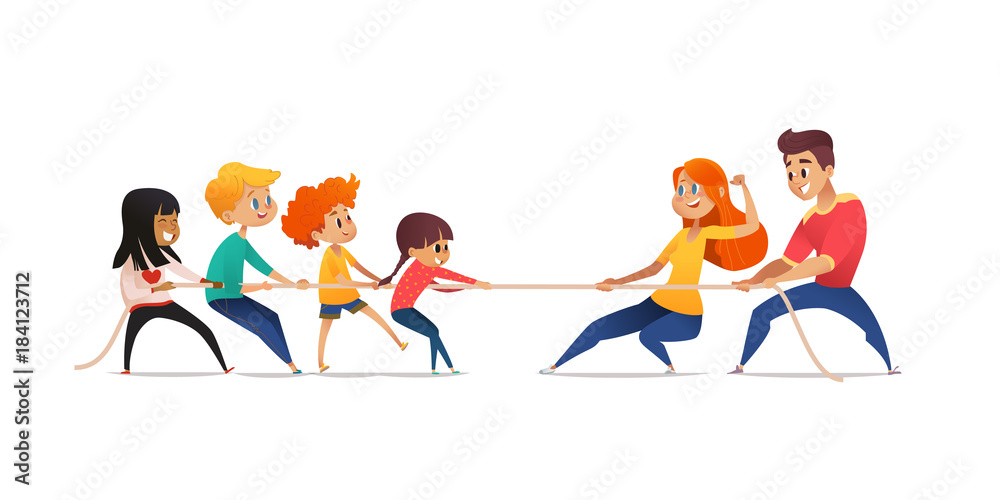 Mom, dad and children pulling opposite ends of rope. Tug of war ...