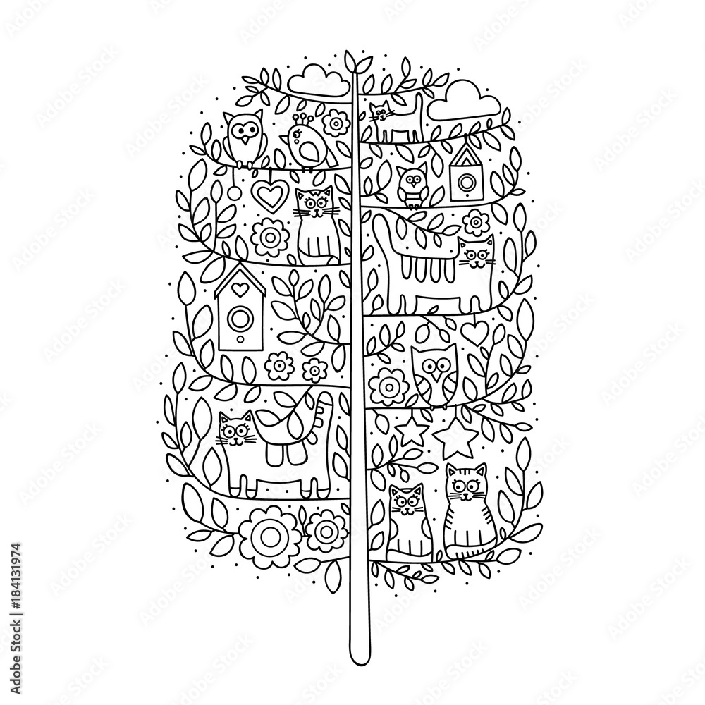 Vector cartoon tree with cute elements. Hand drawn doodle illustration ...