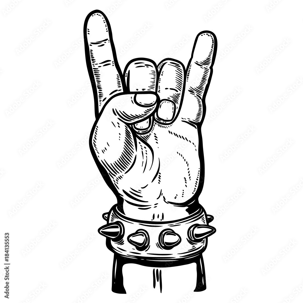 Hand drawn human hand with rock and roll sign. Design element for ...