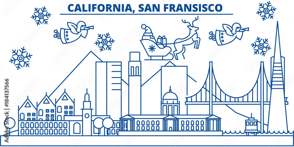 USA, California, San Francisco winter city skyline. Merry Christmas and ...