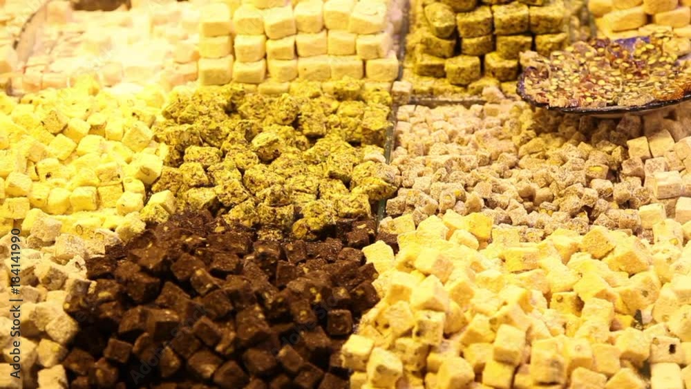 Turkish delight grand bazaar style different food Stock Video | Adobe Stock