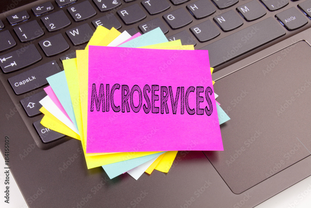 Writing Microservices text made in the office close-up on laptop ...