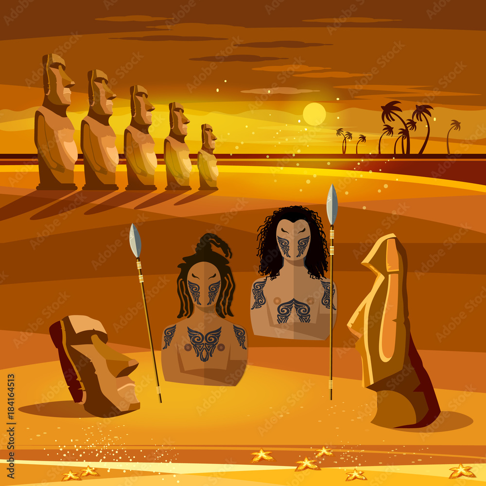Moai statues of Easter island landscape Polynesia. People of Maori ...