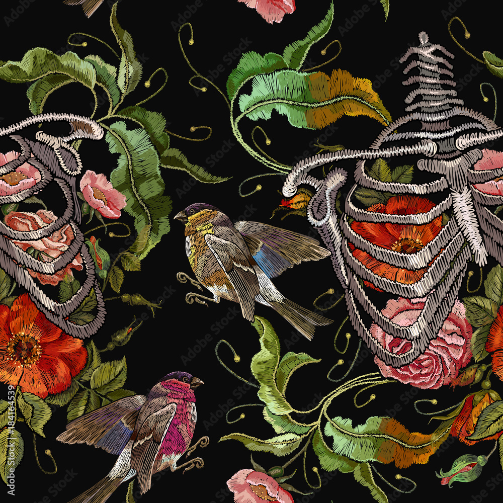 Embroidery human rib cage with red roses and birds seamless pattern ...
