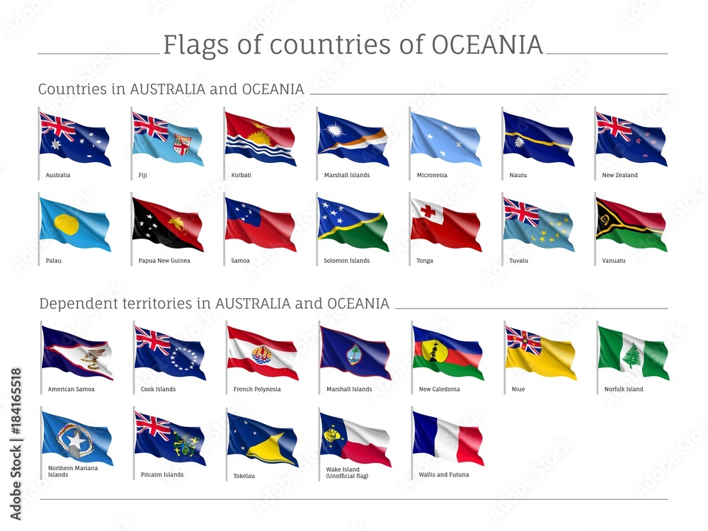 Flags Australia and Oceania realistic style big set. Collection of ...