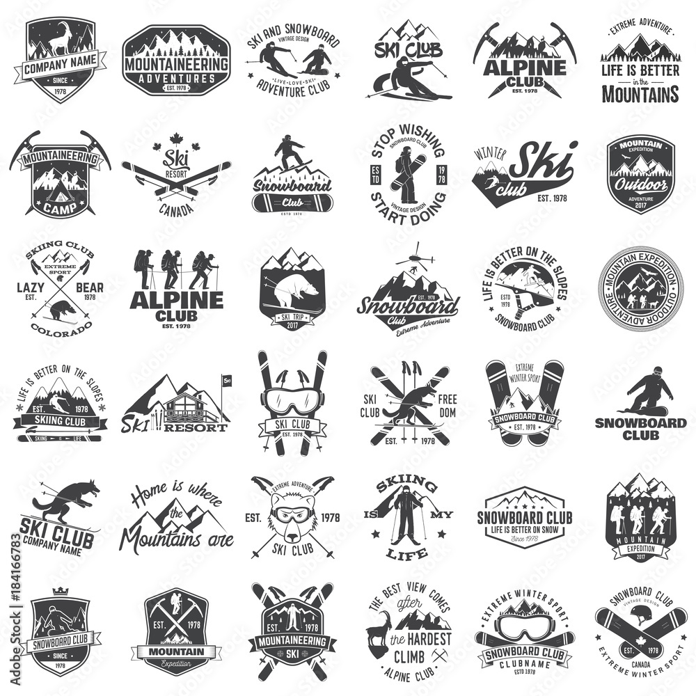 Mountain expedition, ski and snowboard club emblem. Vector illustration ...