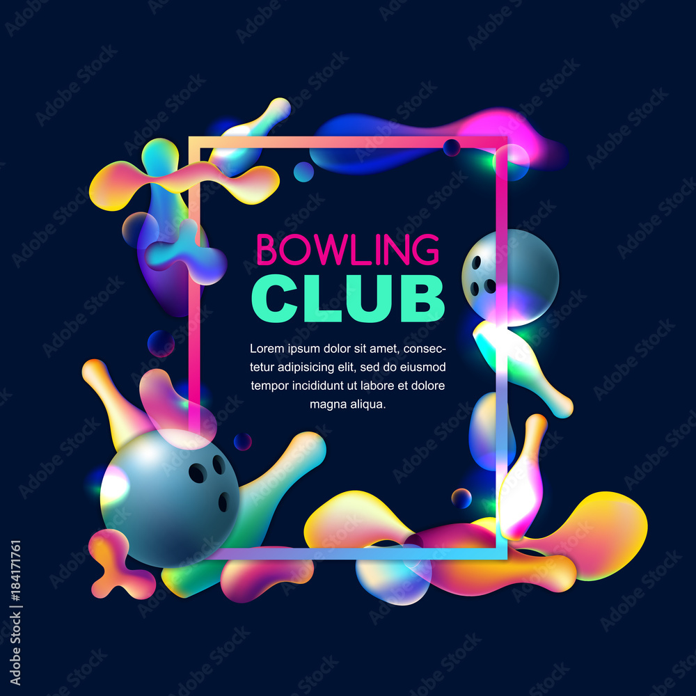 Vector glowing neon bowling background. Frame with multicolor 3d ...