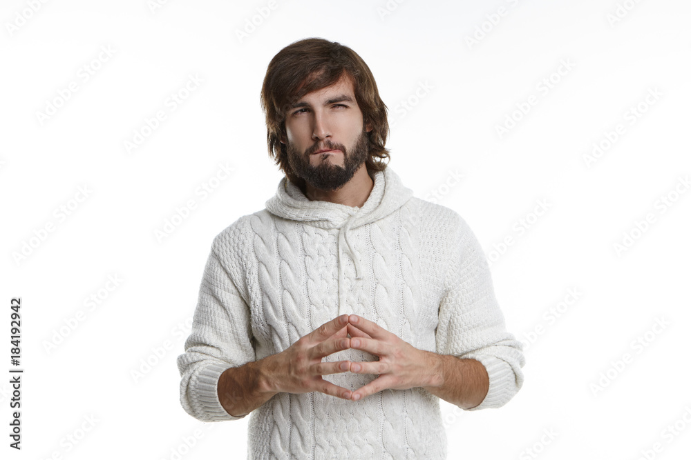 Picture of creative young employee dressed casually posing in studio ...