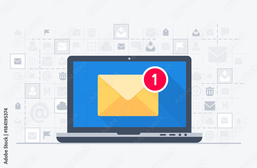 Laptop and email notification on screen in pop-up bubble. Vector ...