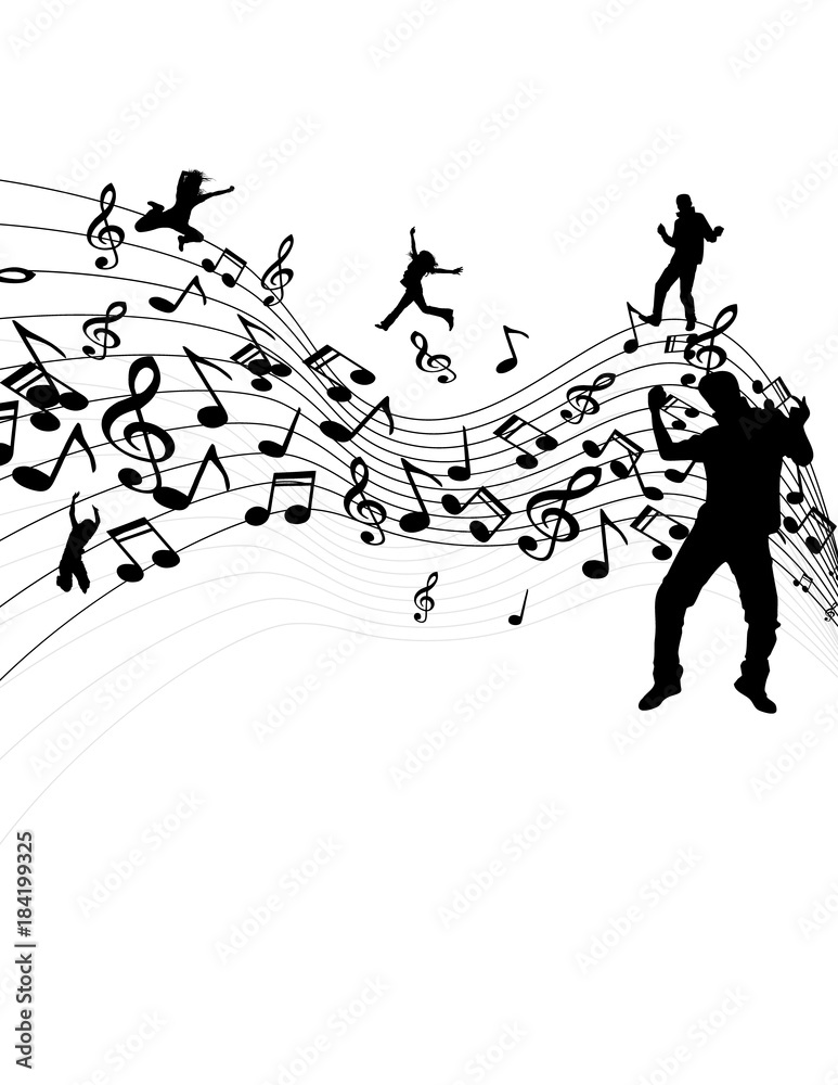 Easy to edit vector illustration of wavy musical notes with dancer ...