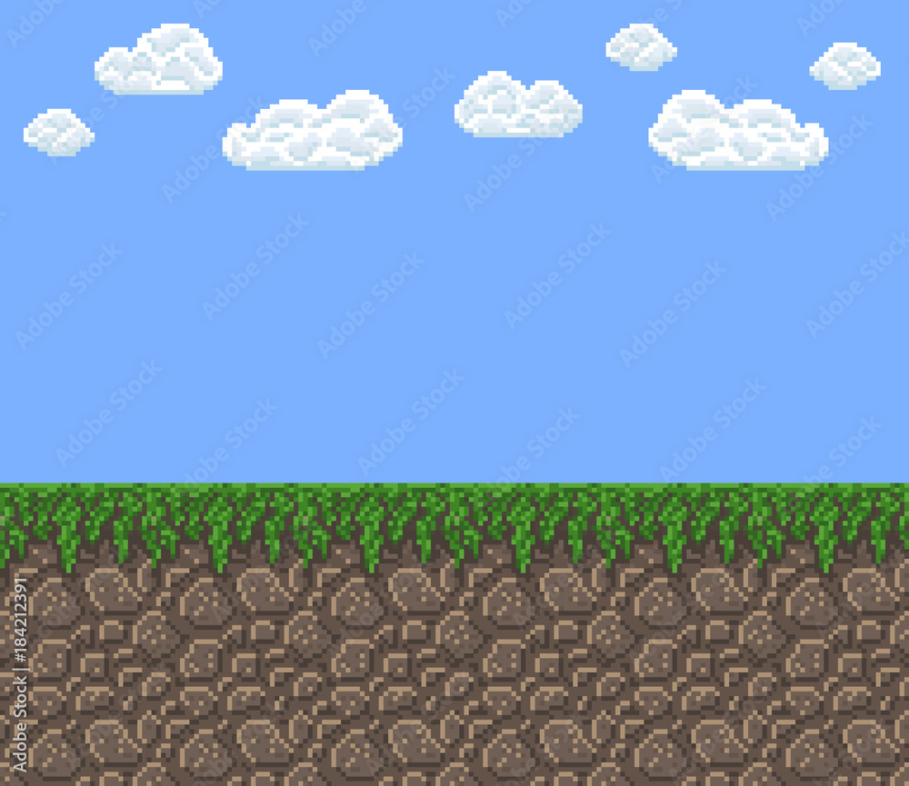 pixel art vector texture - bright day blue sky with clouds green grass ...