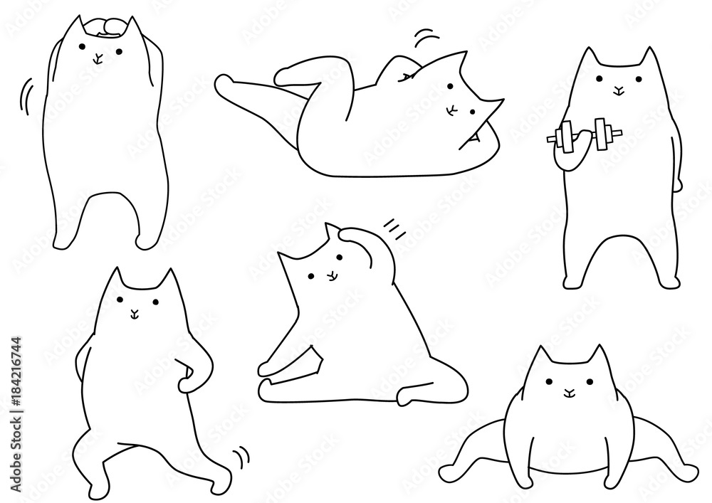 funny cartoon cat stretching line art set Stock Vector | Adobe Stock