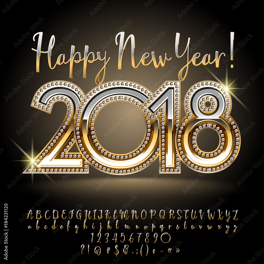 Vector rich shiny greeting card Happy New Year 2018. Luxury set of ...
