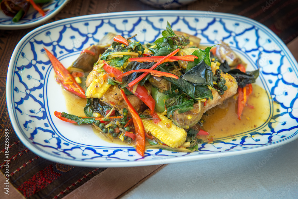 Thai food . Spicy fish , Fried fish spicy with herb , Thai spicy herb ...
