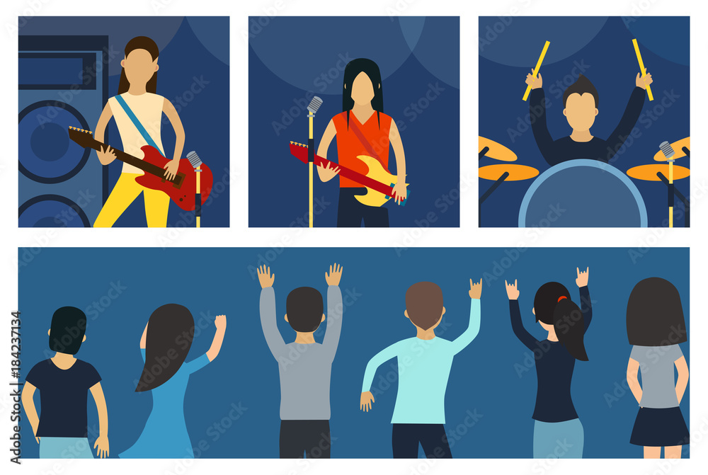 Concert pop group artists on scene music stage night and young rock ...