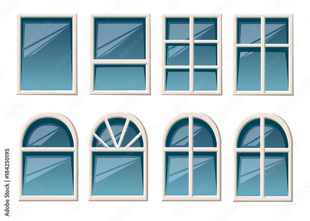Vector collection of various white windows types for interior and ...