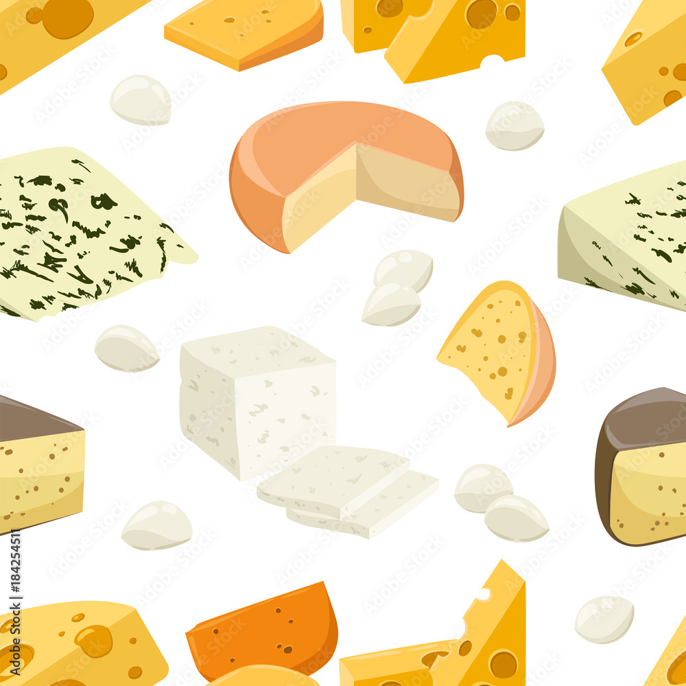 Seamless pattern pieces of cheese Popular kind of cheese icons isolated ...