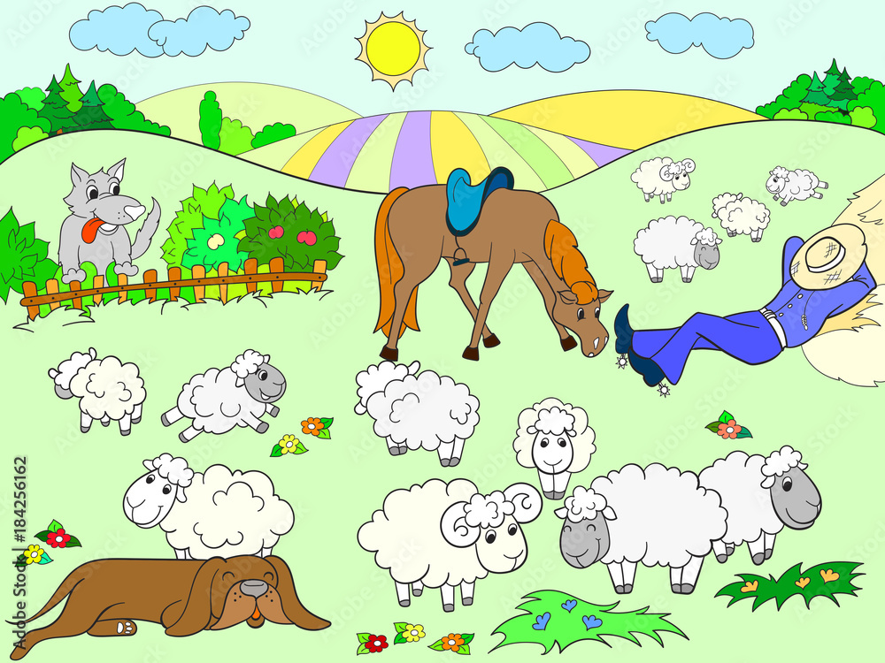Pasture sheep with a shepherd and dog coloring for children cartoon ...